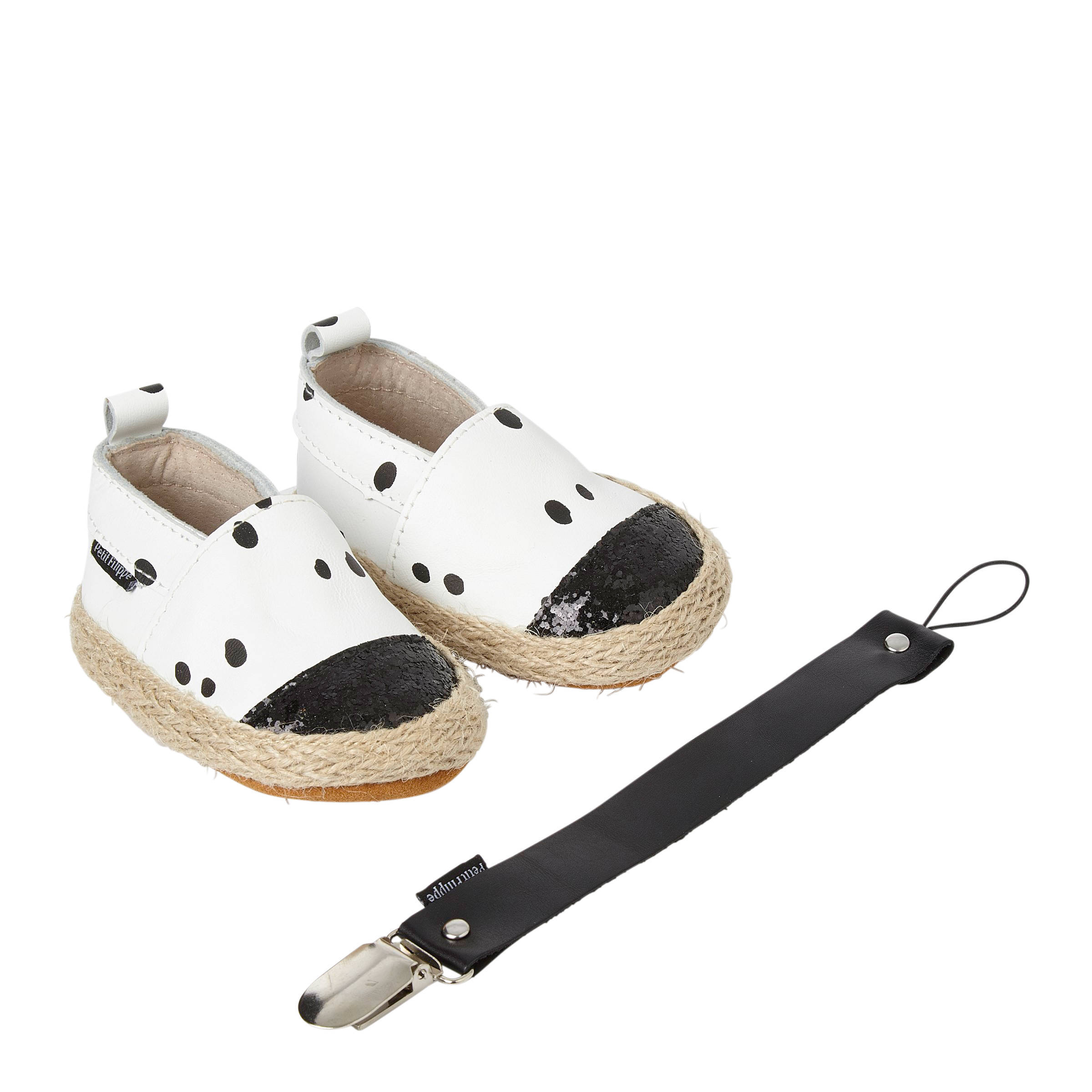 Petit Filippe geschenkset met leren espadrilles + speenkoord wit/zwart ...