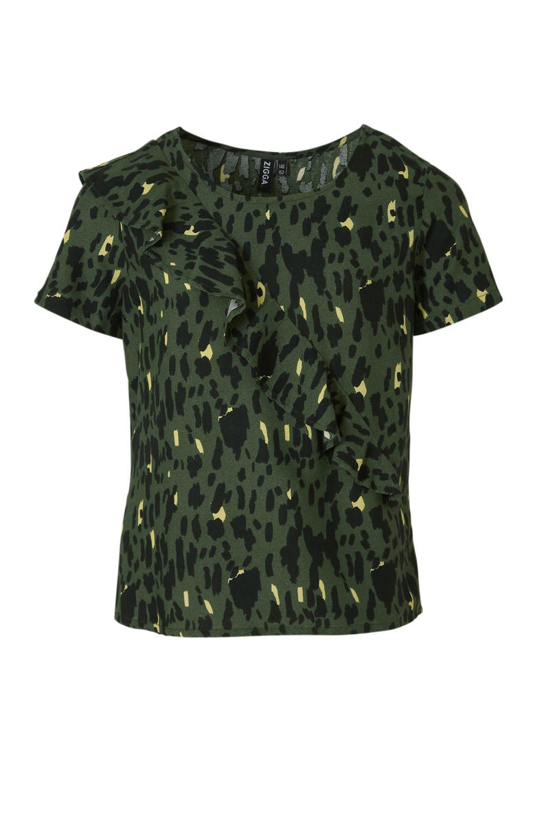 Zigga top met all over print en volant donkergroen/zwart/geel ...