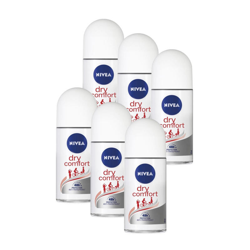 NIVEA Dry Comfort anti-transpirant deodorant roller - 6 x 50 ml - Voordeelverpakking | kleertjes.com
