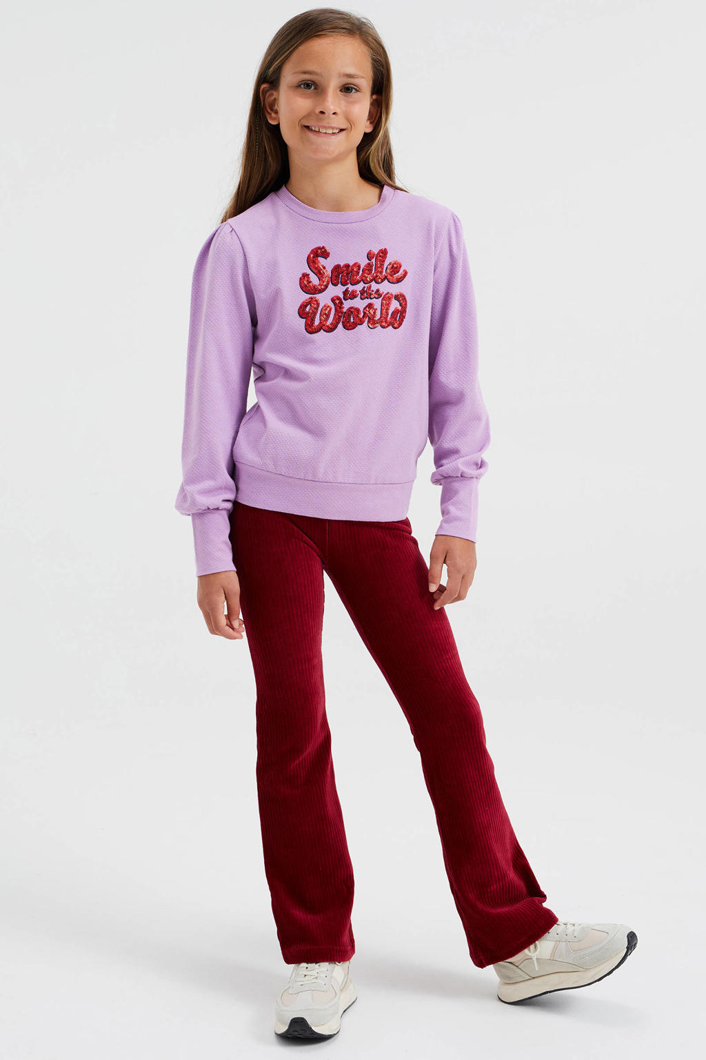 WE Fashion velours flared broek donkerrood | kleertjes.com