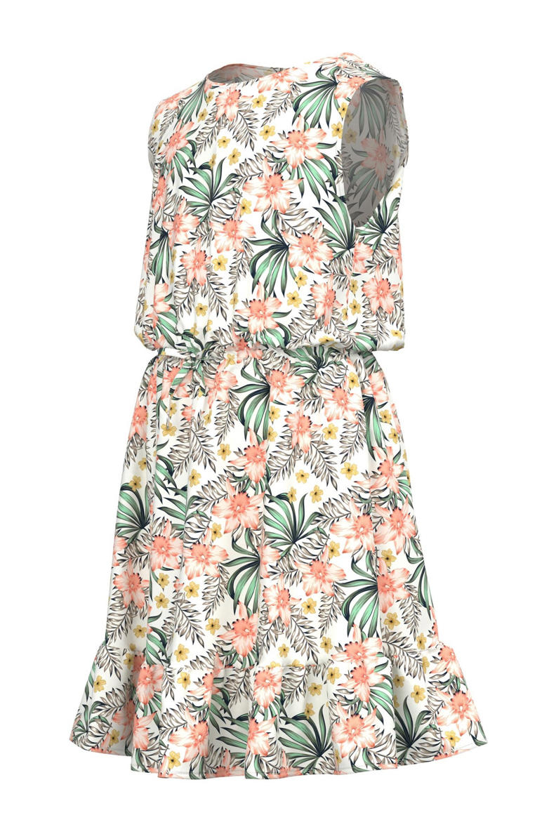 NAME IT KIDS gebloemde jurk NKFVINAYA van gerecycled polyester wit/zalm ...