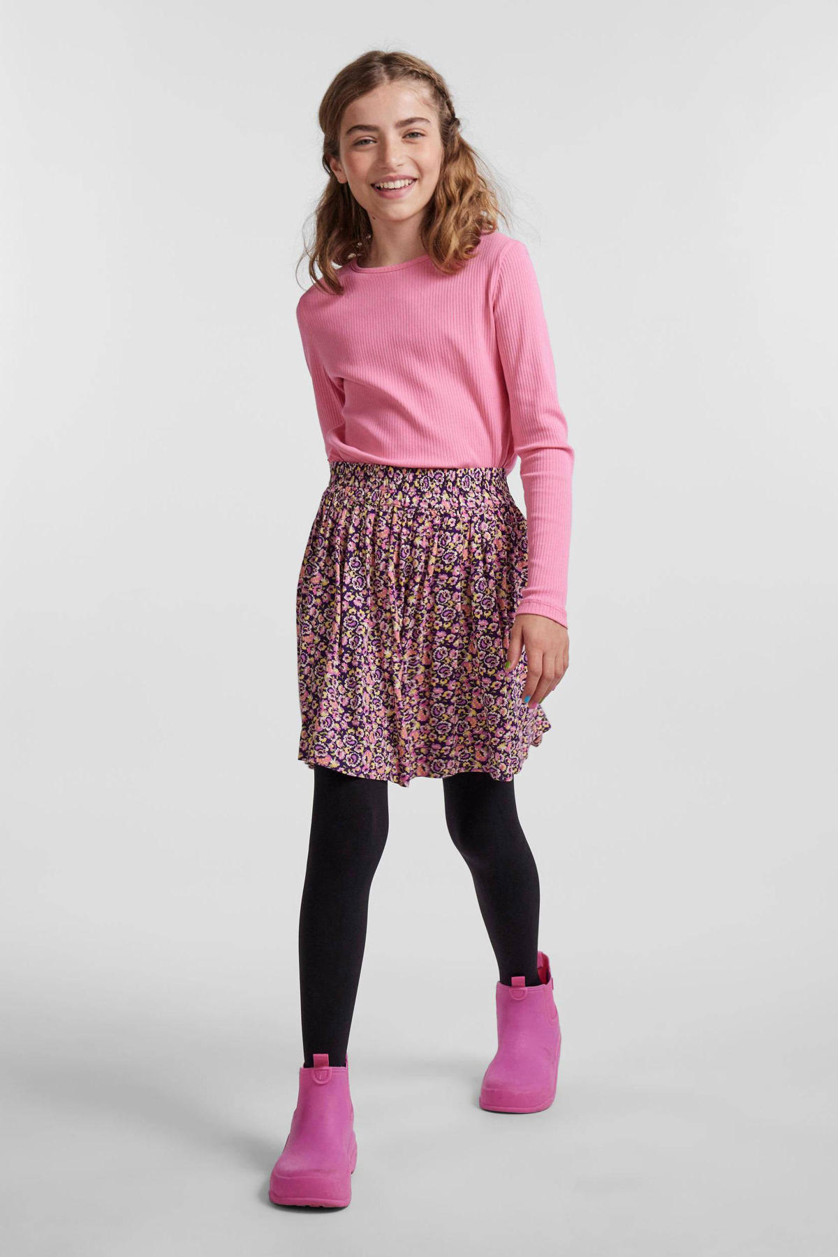 PIECES KIDS rok PKNARNIO met all over print roze/zwart/geel | kleertjes.com