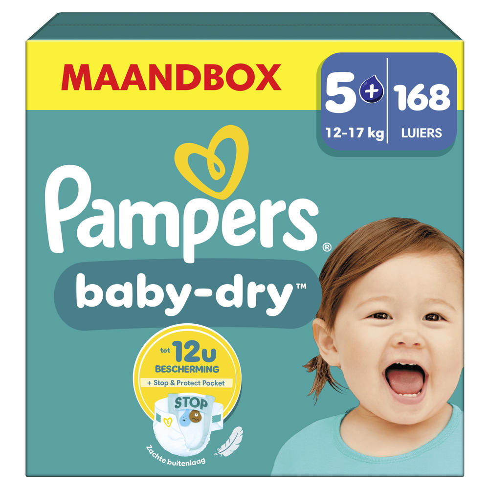 Pampers Baby-Dry Maat 5+ maandbox - 168 luiers - 12kg-17kg | kleertjes.com