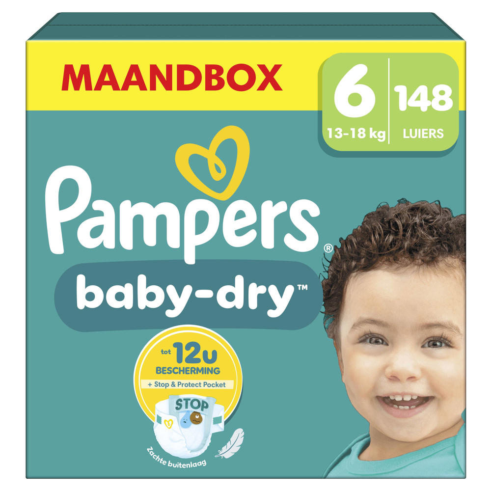 Pampers Baby-Dry Maat 6 maandbox - 148 luiers - 13kg-18kg | kleertjes.com
