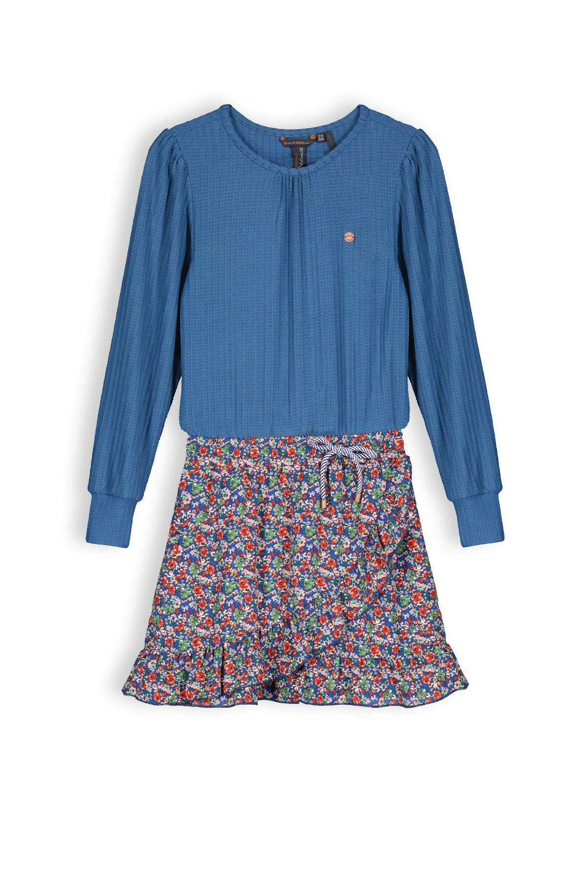 NONO gebloemde jurk Muria van polyester blauw | kleertjes.com