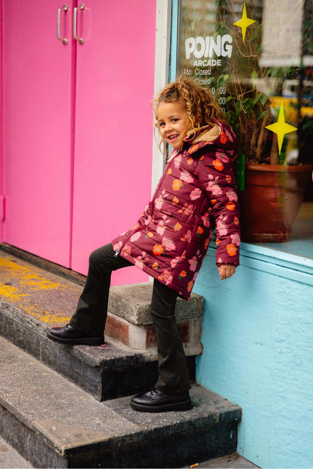 Quapi gebloemde winterjas AUKE wijnrood/oranje/roze | kleertjes.com
