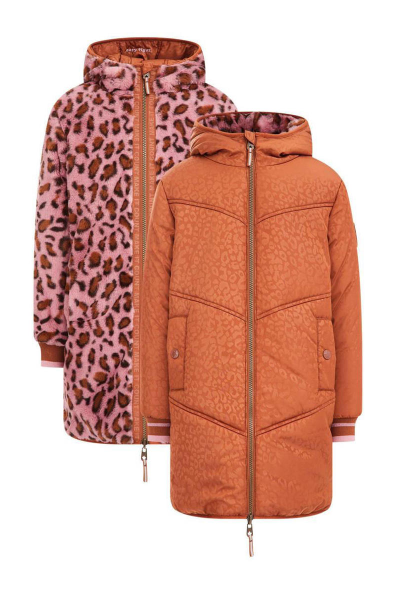 WE Fashion reversible winterjas met imitatiebont brique/roze/zwart ...