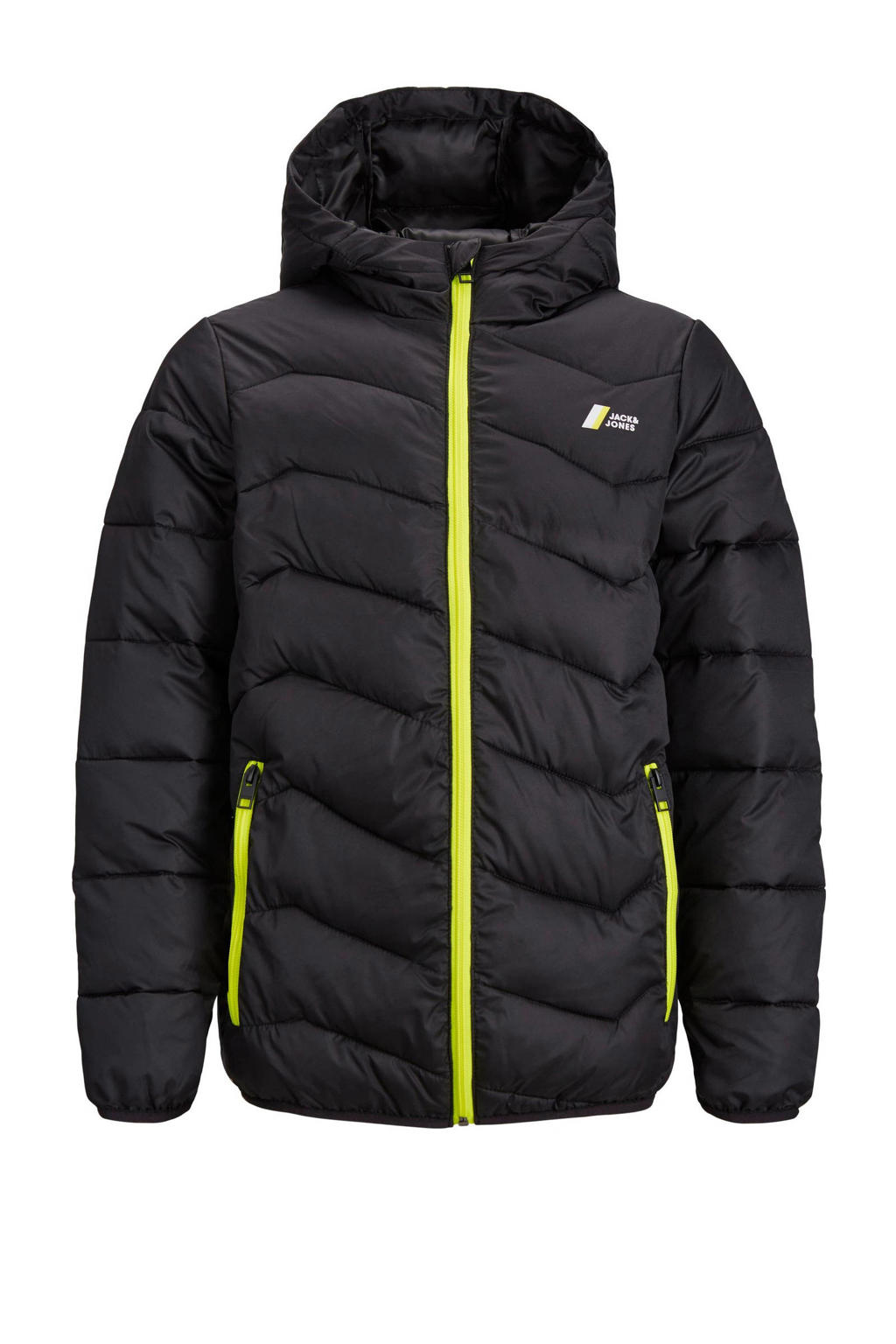 JACK & JONES JUNIOR gewatteerde winterjas JJHYPE zwart/geel | kleertjes.com