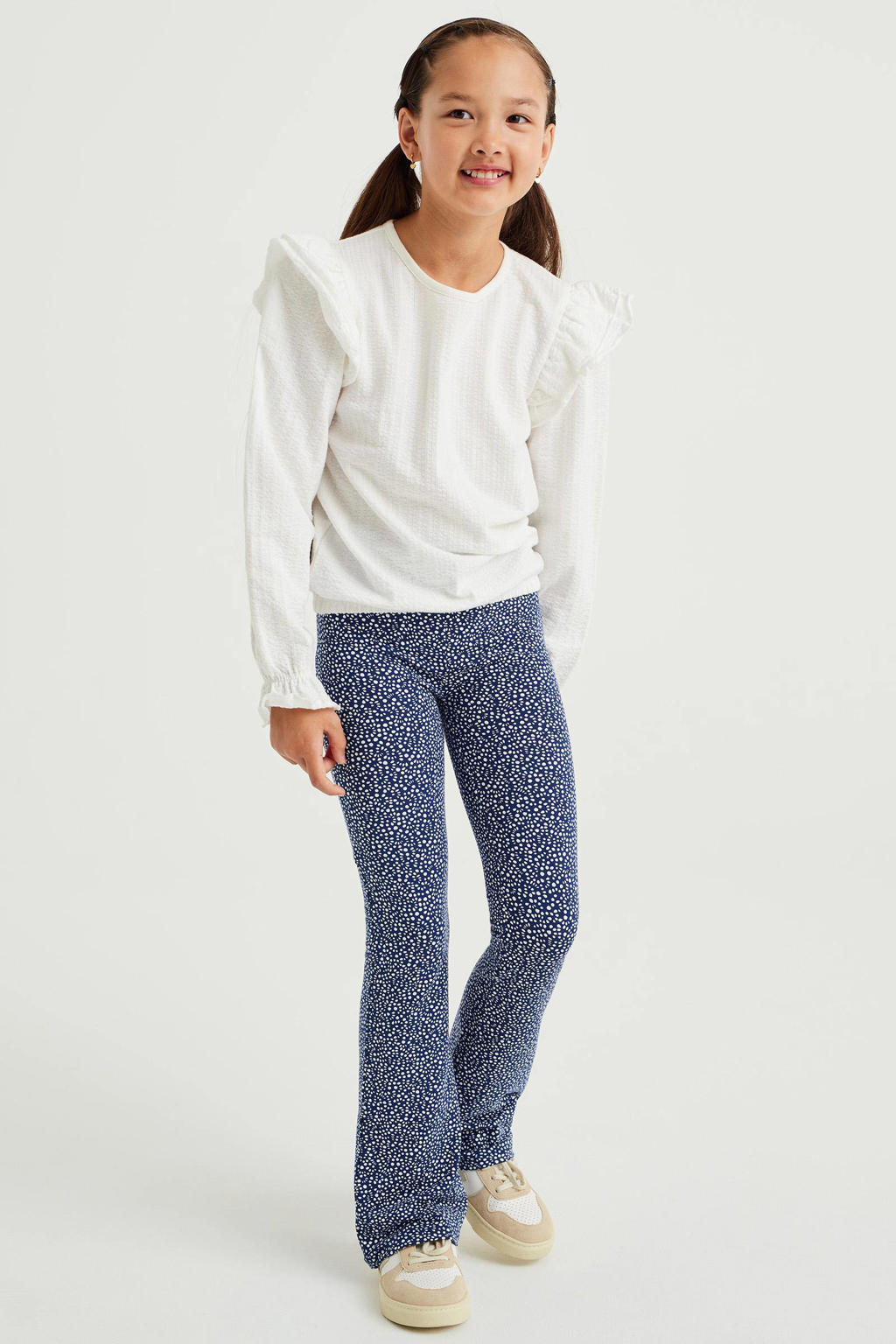 WE Fashion flared broek met all over print kobaltblauw/wit | kleertjes.com