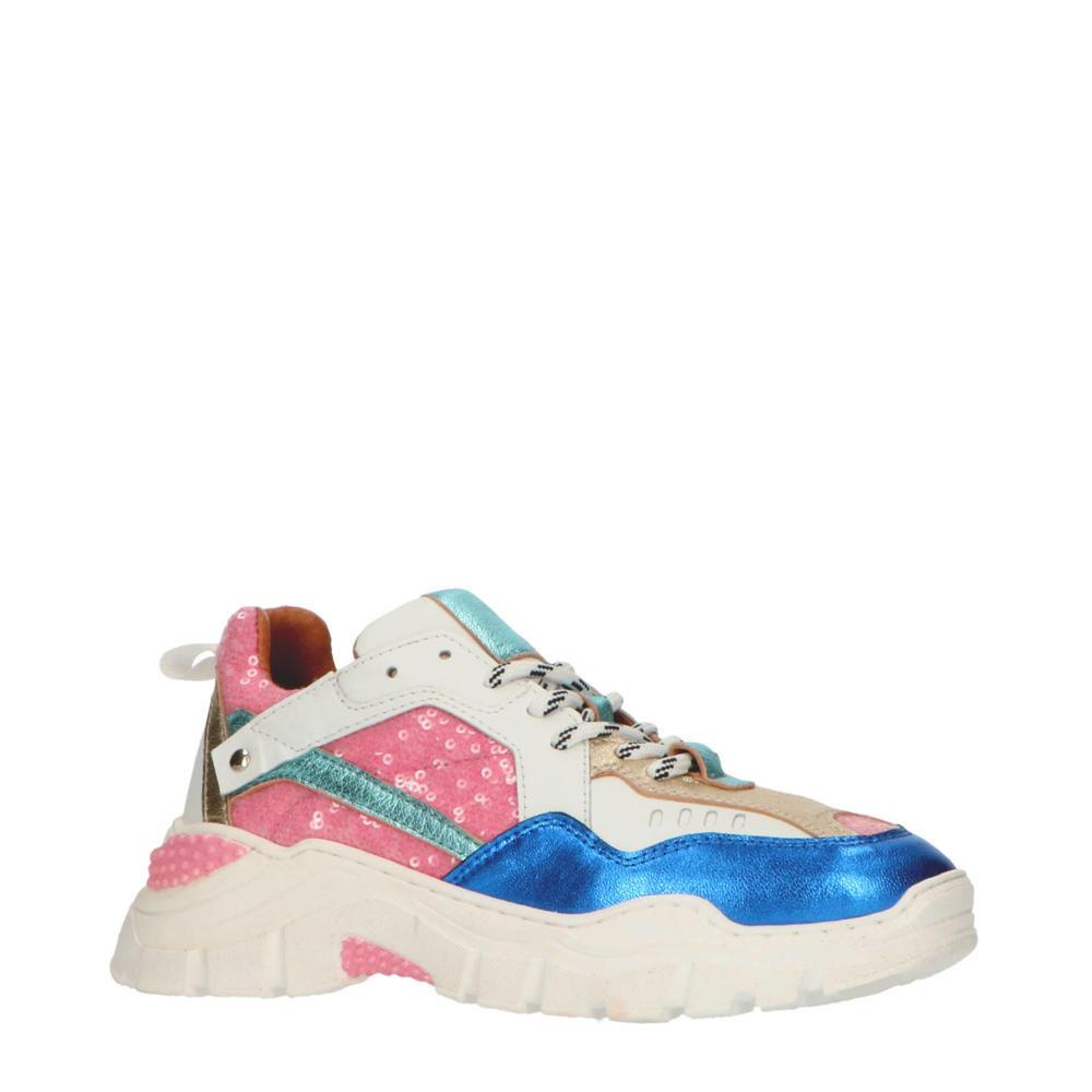 DWRS Pluto leren sneakers met pailletten roze/blauw | kleertjes.com