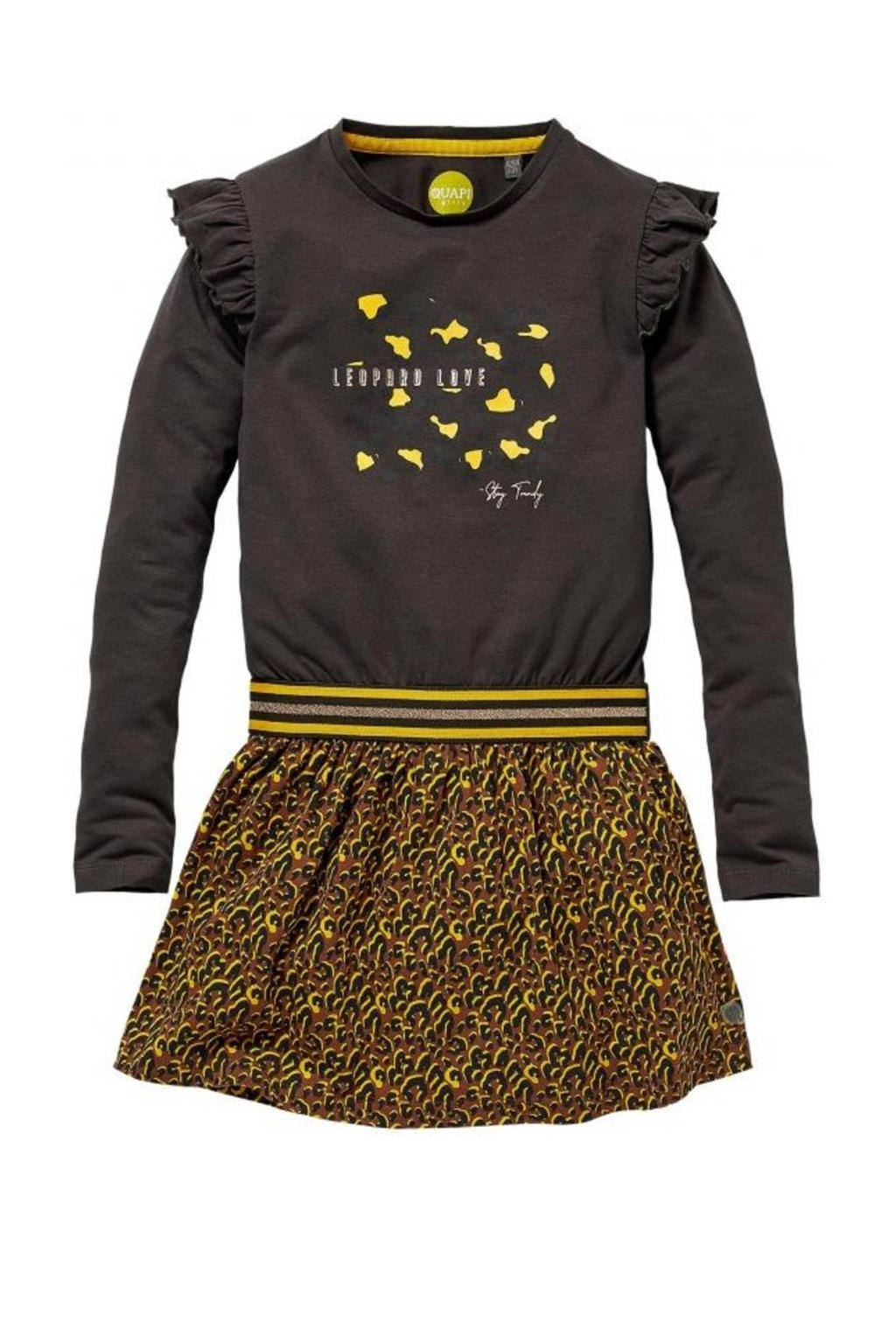 Quapi jurk met all over print en ruches antractiet/geel | kleertjes.com