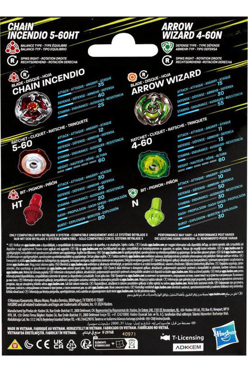 Beyblade X Chain Incendio 5-60HT en Arrow Wizard 4-60N Top Dual Pack ...