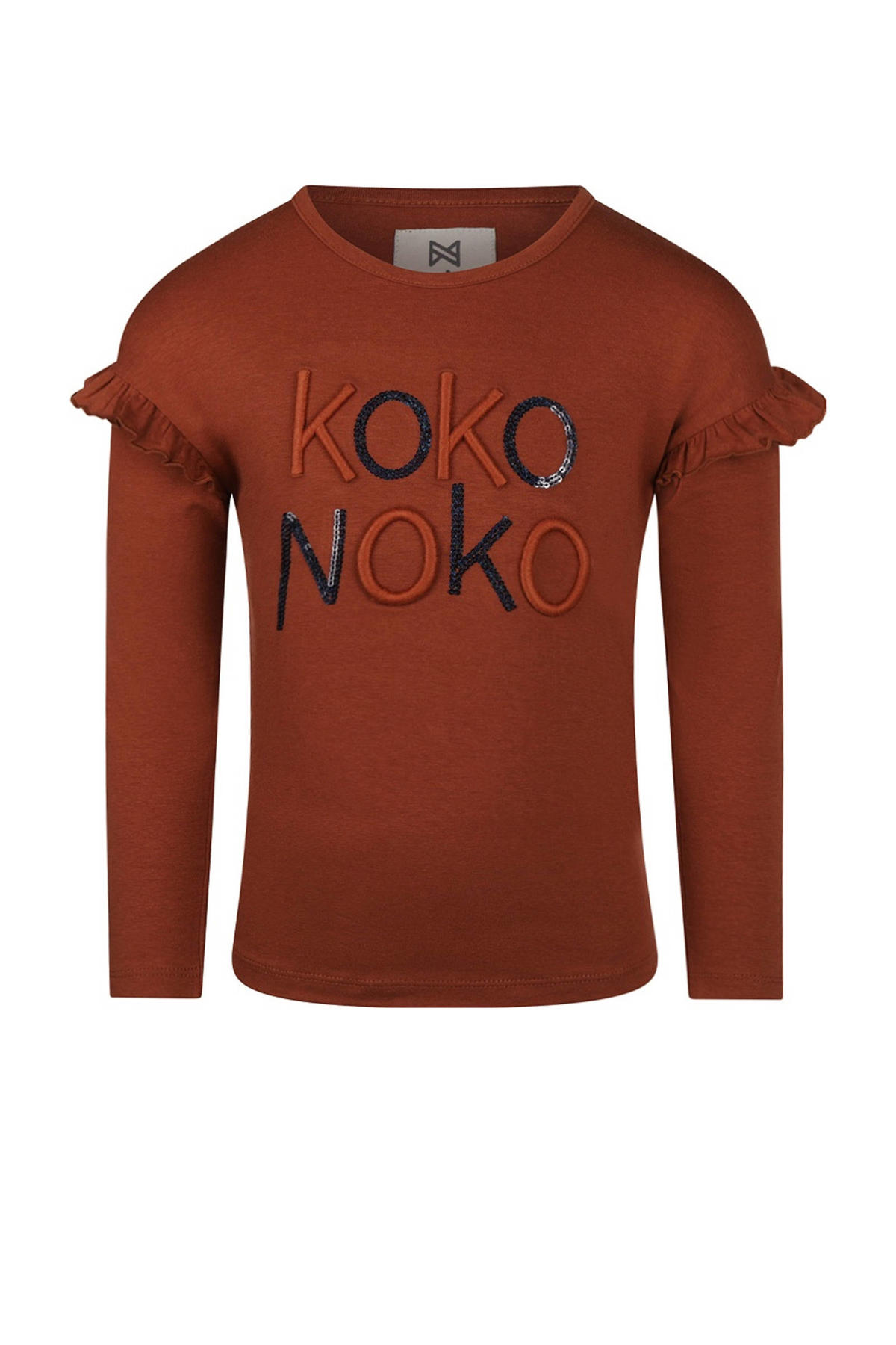 Koko Noko longsleeve met logo en ruches bruin/zwart | kleertjes.com