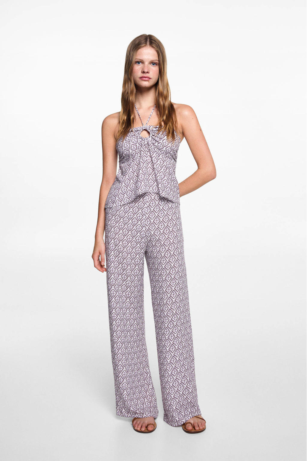 MANGO TEEN broek met all over print lila/wit | kleertjes.com