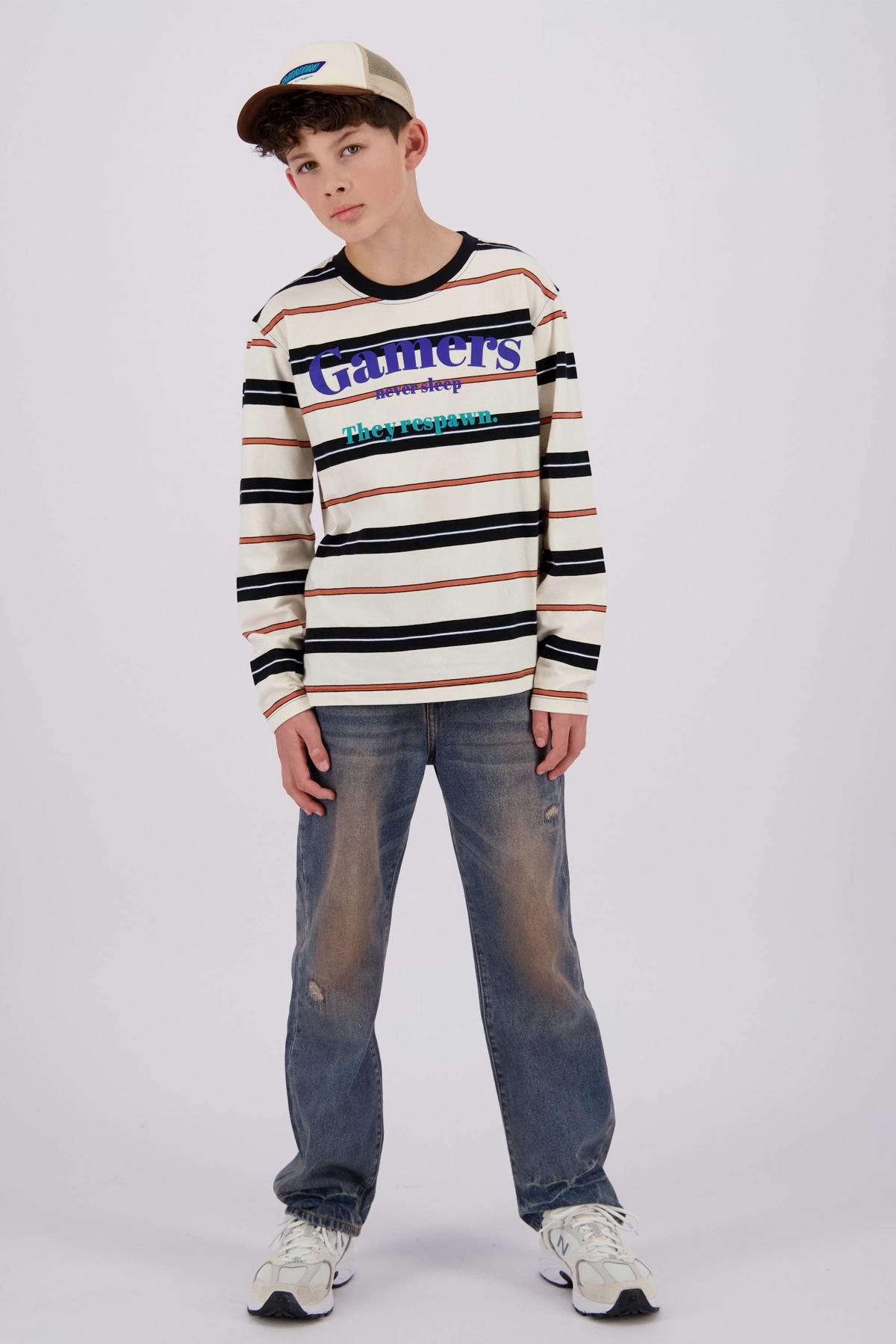 Vingino gestreepte longsleeve Jaci ecru/zwart/bruin | kleertjes.com