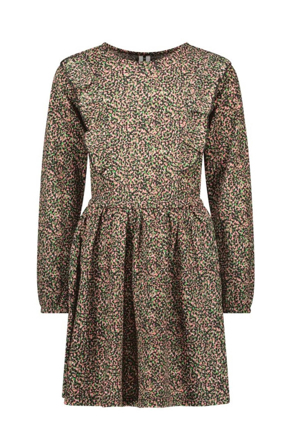 B.Nosy jurk Doutzen met all over print en ruches groen/ecru/zalm | kleertjes.com