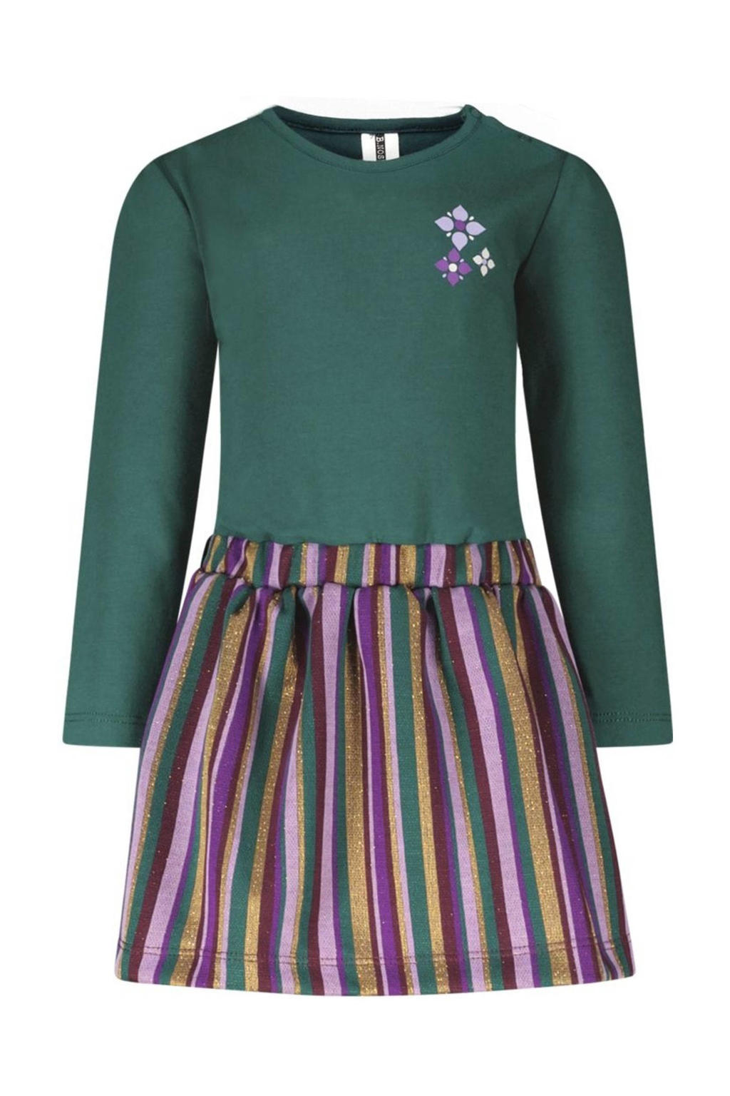 B.Nosy gestreepte baby jurk Dakota groen/paars/oker | kleertjes.com