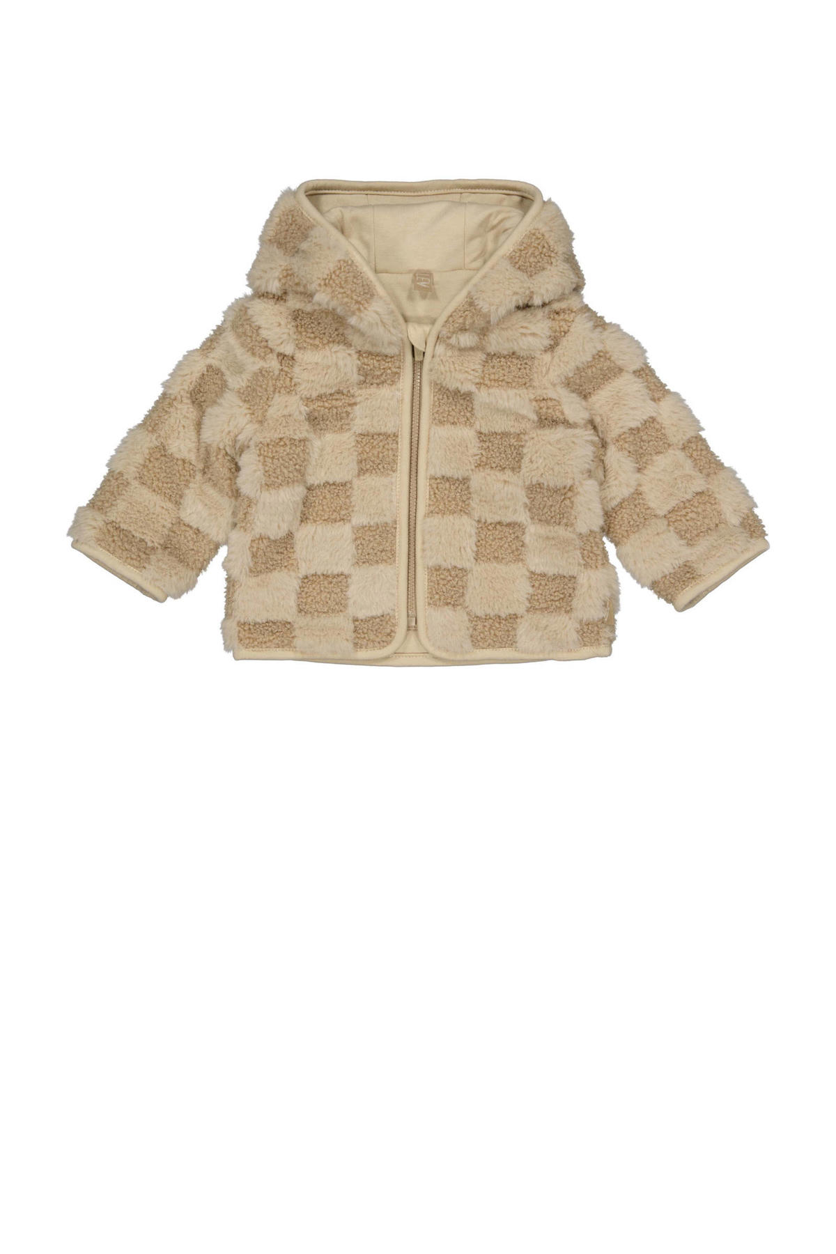 LEVV Newborn baby geruite teddy winterjas JOA zand/beige | kleertjes.com