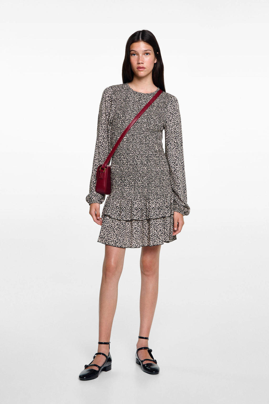 MANGO TEEN jurk met all over print en plooien bruin/zwart | kleertjes.com
