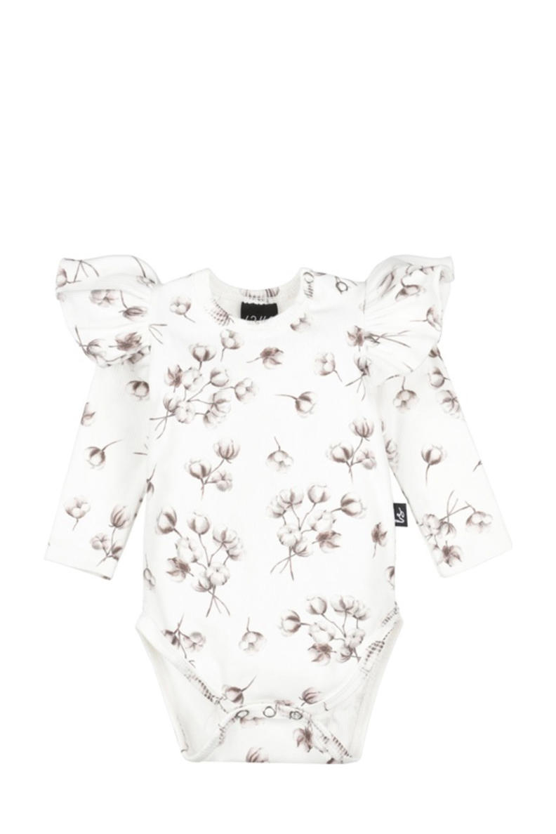 Babystyling romper rmet ruches offwhite/grijsbruin | kleertjes.com