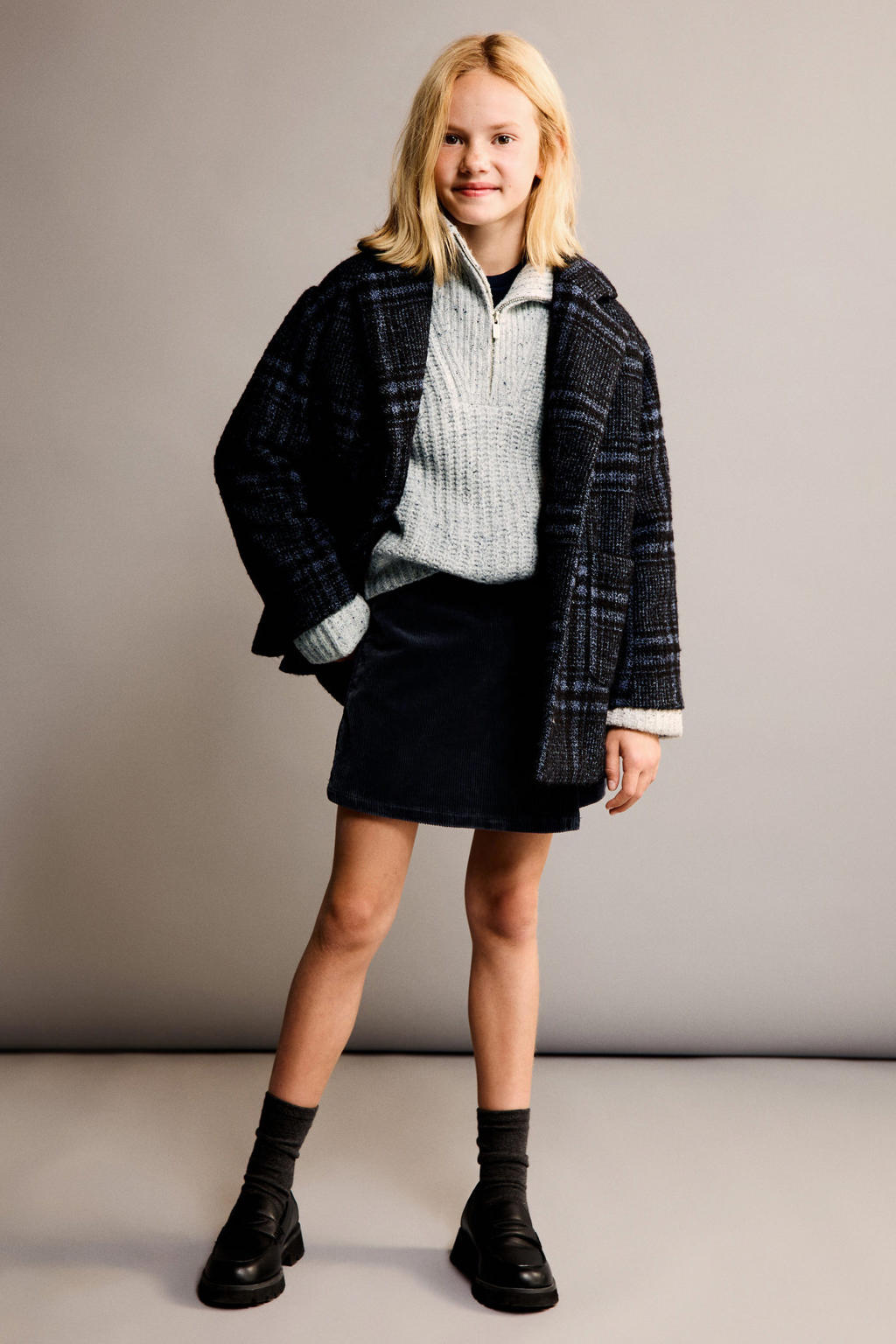 Mango Kids geruite winterjas donkerblauw | kleertjes.com