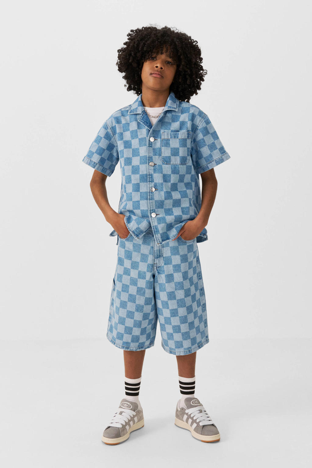 Coolcat denim overhemd Cole met checkerboard print blauw | kleertjes.com