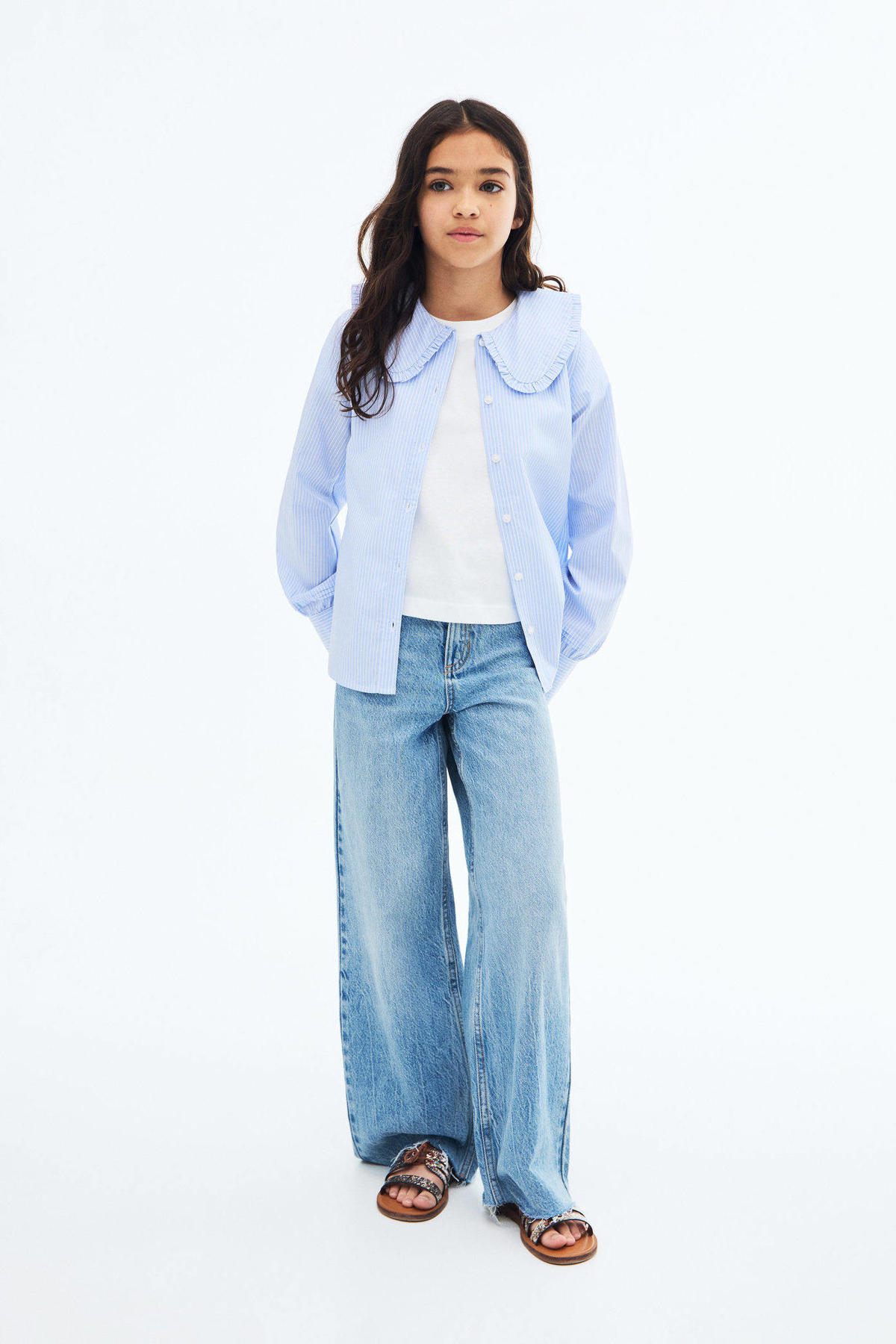 Mango Kids wide leg jeans medium blue denim | kleertjes.com