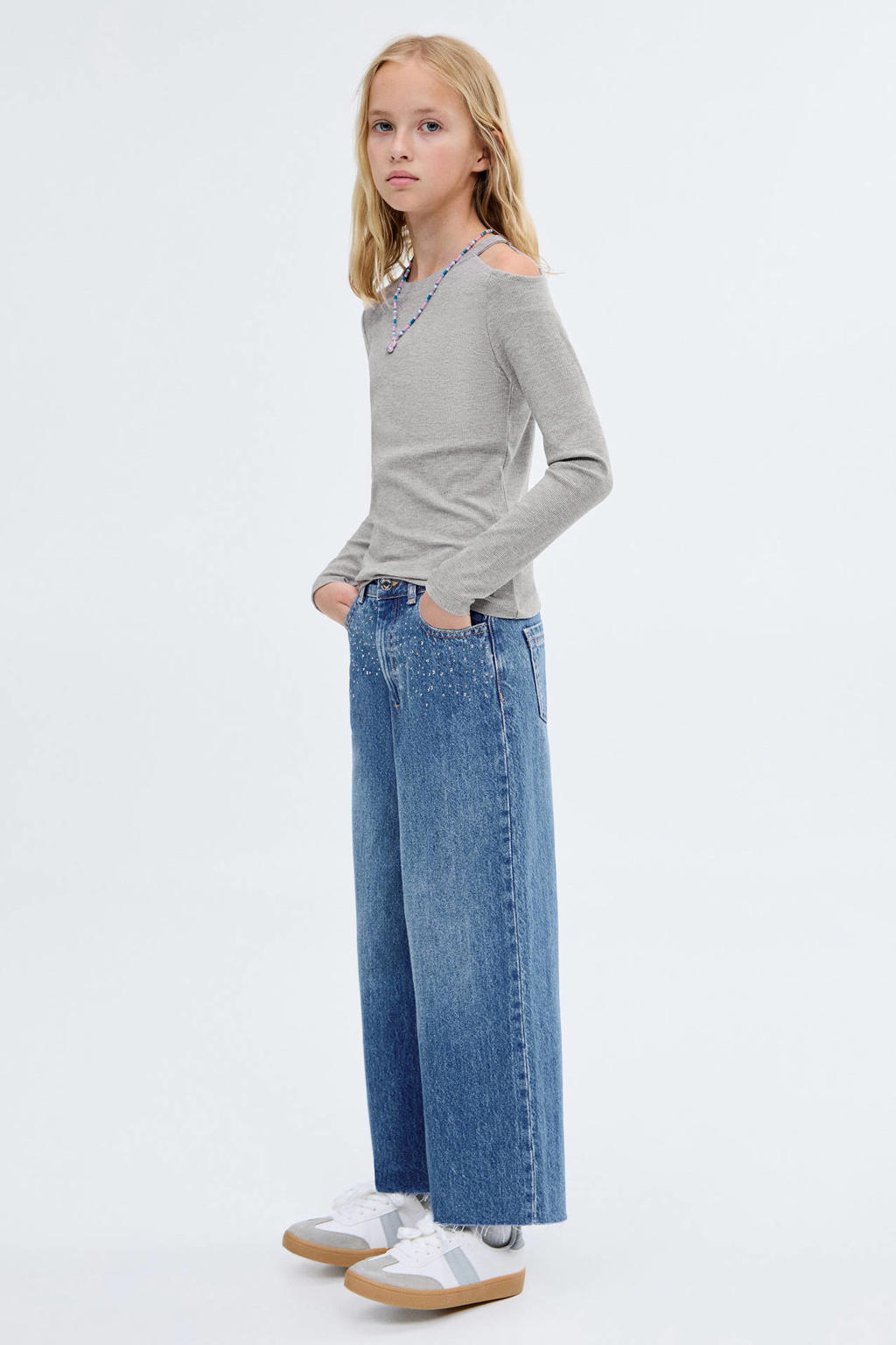 Mango Kids wide leg jeans medium blue denim | kleertjes.com