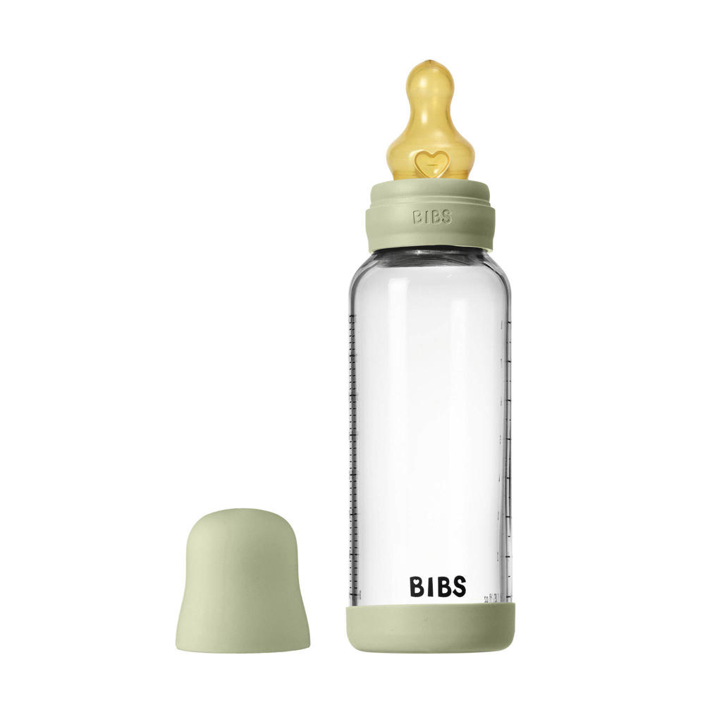 BIBS Glazen Babyfles - 240 ml - Sage - met latex speen en opvouwbare ...